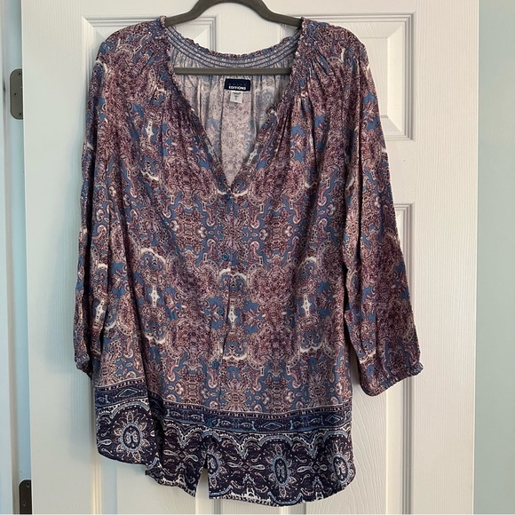 Basic Editions | Tops | Xl Buttonfront Paisley Peasant Top In Blue And Lavender | Poshmark